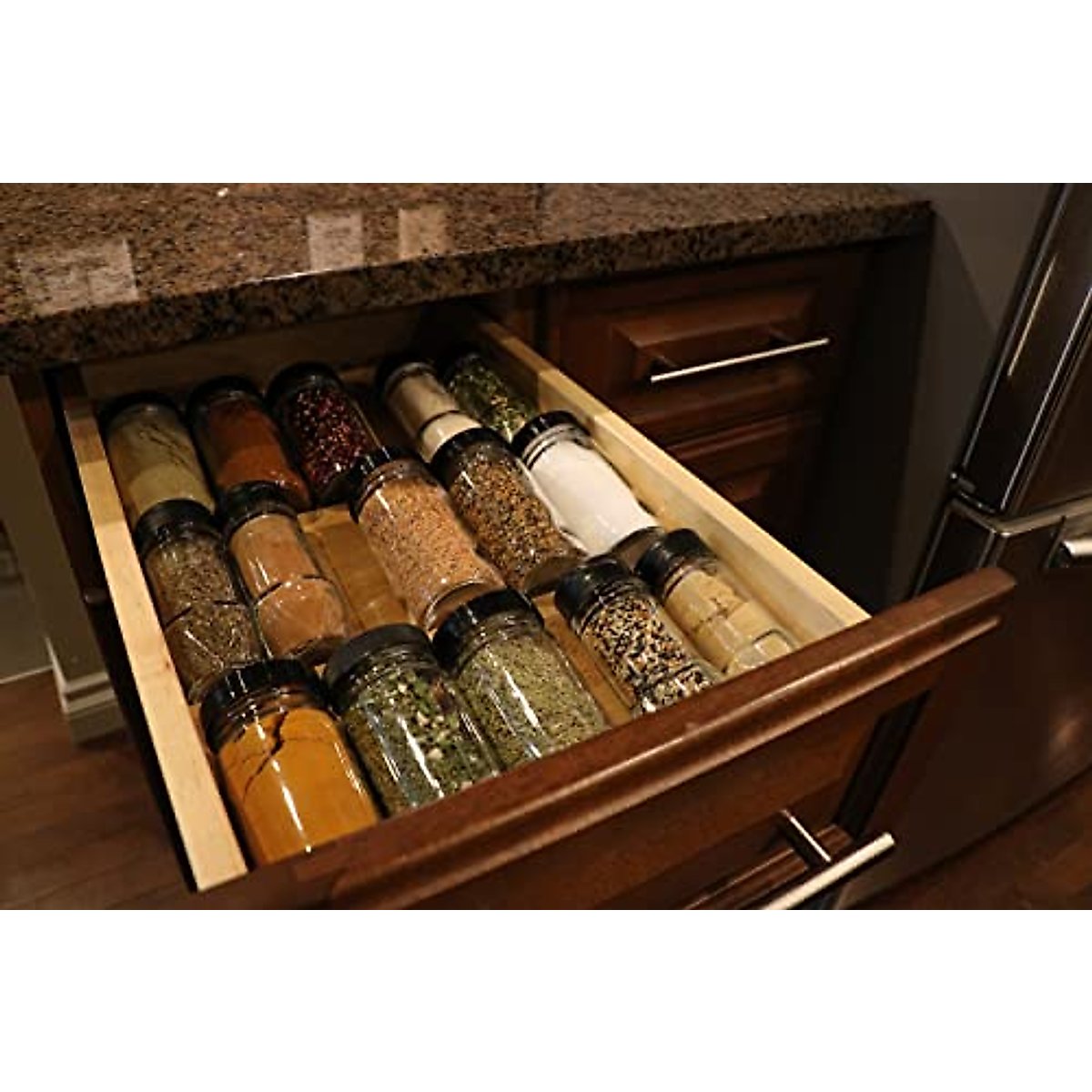 Bamboo Spice Rack Drawer Organizer - 10 in Width - Interlocking Low Profile Pieces with Anti-Slip Tape - Combine or Split Sets for Two Separate Drawers or Different Size Drawers