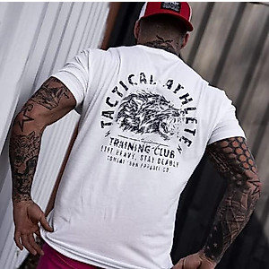 Combat Iron Men's Graphic Short Sleeve T-Shirt | Tactical Athlete Training Club Wolf Edition Mens Novelty Tee | White, X-Large