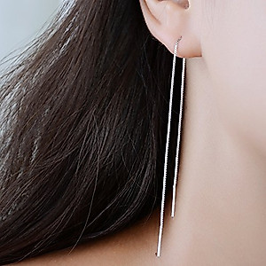 A Pair 925 Sterling Silver Tassel Threader Drop Earrings Long Chain Ear Line (silvery)