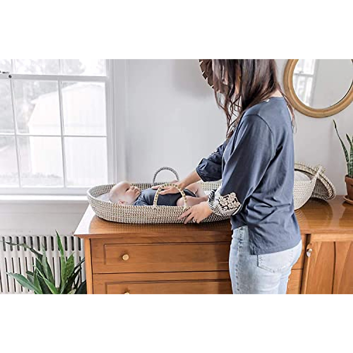 Baby Changing Basket - Handmade Moses Basket Changing Basket for Baby Table Topper - 2 Organic Cotton Washable Diaper Changing Pads CPSC Compliant