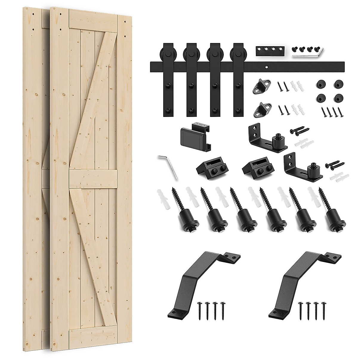 SMARTSTANDARD 24in x 84in Double Barn Door with 8ft Sliding Barn Door Hardware Kit & Handle, Pre-Drilled Ready to Assemble, DIY Unfinished Solid Spruce Wood Panelled Slab, K-Frame