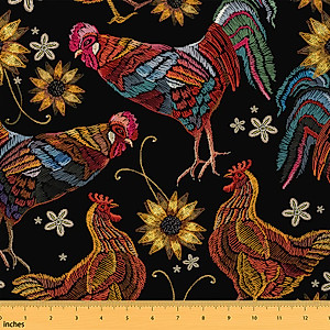 jejeloiu Chicken Print Fabric by The Yard,Farm Animals Upholstery Fabric for Chairs Sofa Couch, Botanial Sunflower Outdoor Fabric Waterproof, 3 Yards, Red Black Yellow
