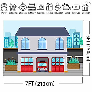 EMTOBT 7x5ft Cartoon City Fire Station Backdrop Firetruck Theme Kids Fireman City Street Birthday Background Firehouse Party Decorations Cake Table Decor Banner Children Photo Props BJWZEM0048