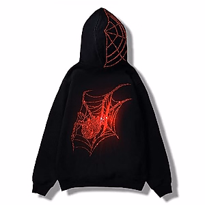 Amiblvowa Womens Men Full Zip Up Over Face Spider Rhinestone Hoodies Y2k Gothic Skull Skeleton Graphic Print Hooded Jacket Streetwear