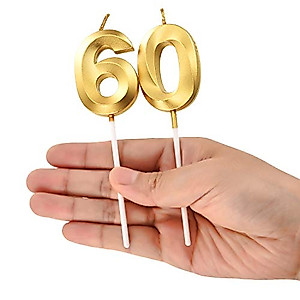 60th Birthday Candles Cake Numeral Candles Happy Birthday Cake Topper Decoration for Birthday Party Wedding Anniversary Celebration Supplies (Gold)