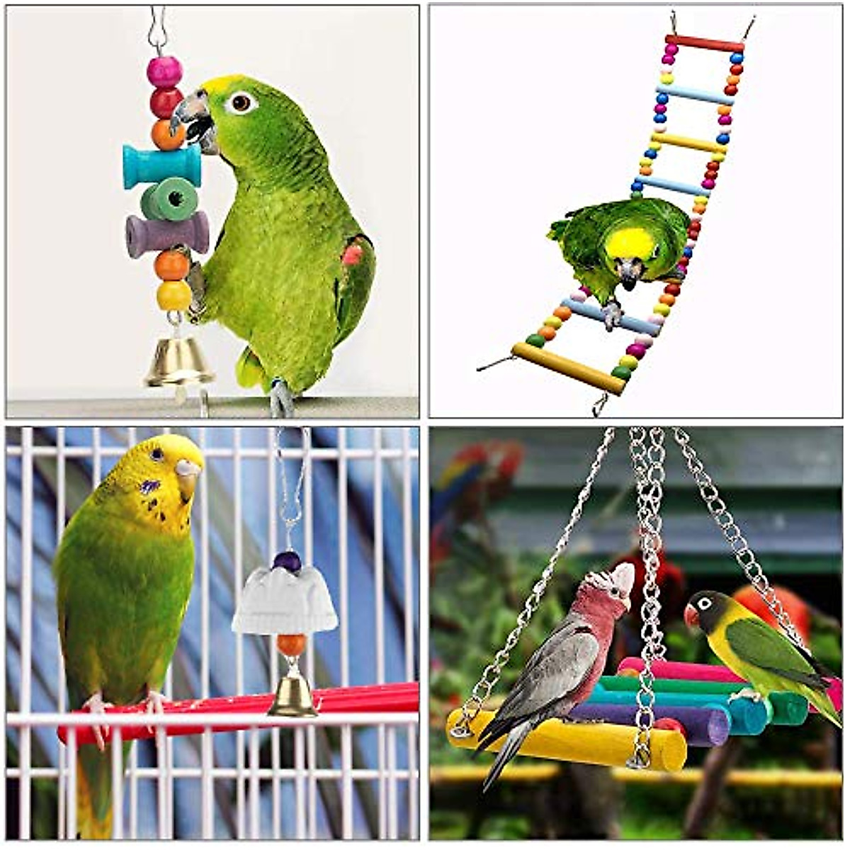 VolksRose Bird Swing Toys 10 Packs, Parrot Hammock Bell Toys Parrot Cage Toy Bird Perch with Wood Beads Hanging for Small Parakeets, Cockatiels, Conures, Budgie, Macaws, Parrots, Mynah, Love Birds