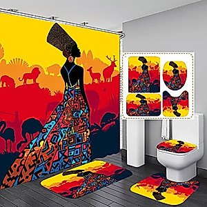 African American Shower Curtains for Bathroom, 4PCS Bathroom Sets Include 1 Fabric Shower Curtain, 2 Non-Slip Bathroom Rugs and 1 Toilet Lid Cover, Black Girl Bathroom Decor (Black)