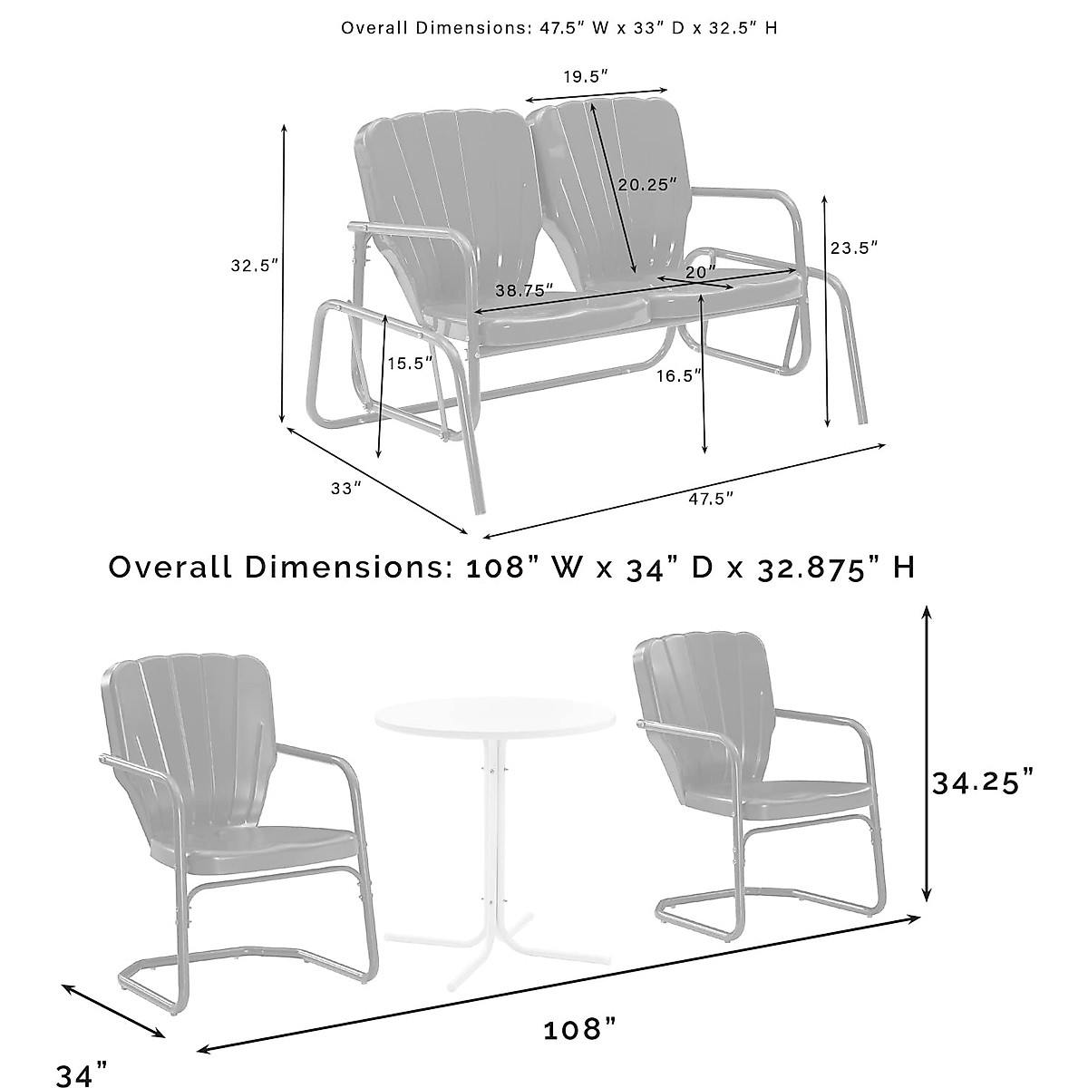 Crosley Furniture Ridgeland 4-Piece Retro Metal Outdoor Loveseat Glider Patio Furniture Set for Porch, Deck, Turquoise Gloss
