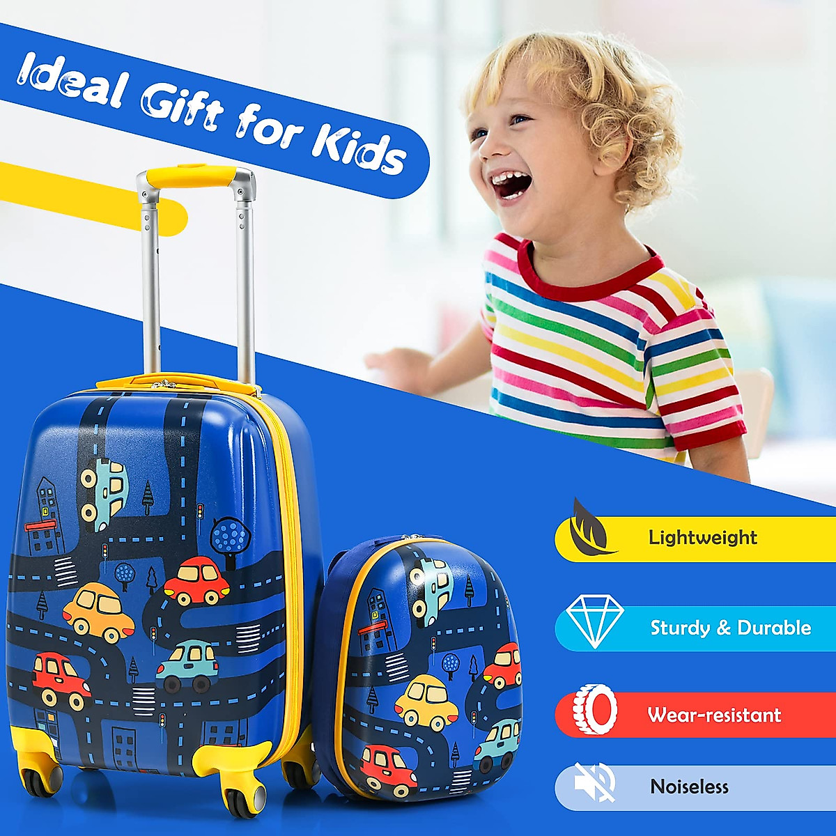 GYMAX 2Pc Kid Carry On Luggage Set, 12" & 18" Kids Suitcase with 4 Spinner Wheels, Travel Rolling Trolley (Cars)