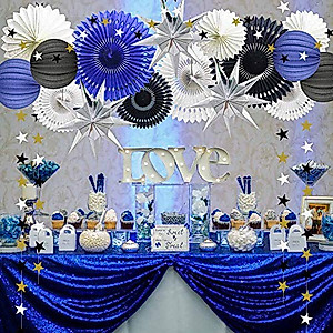 Hanging Party Decoration Supplies Set of Tissue Paper Fans Star Garland Paper Lanterns for Graduation Wedding Anniversary Birthday Backdrop Decoration (Navy Blue White Black)