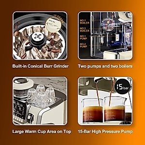 Mcilpoog TC520 Espresso Machine with Milk Frother，Semi Automatic Coffee Machine with Grinder,Easy To Use Espresso Coffee Maker with 6 inch Large Screen,15 Bar Pressure Pump,PID Temperature Control.