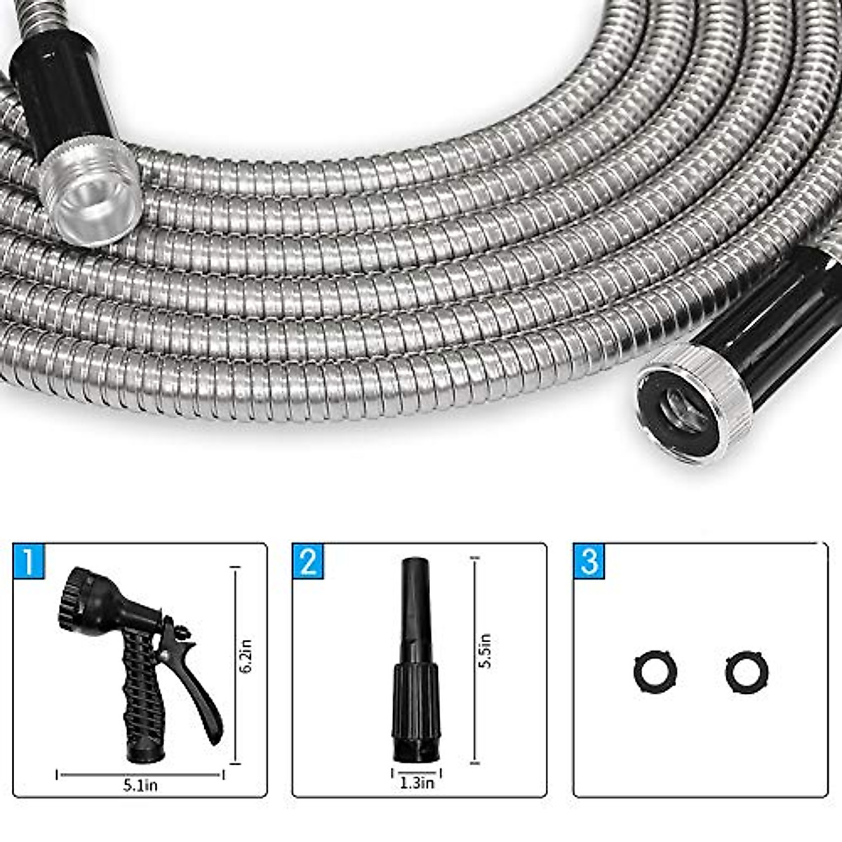 TUNHUI Heavy Duty Flexible Metal Garden Hose Stainless Steel Water Hose with 2 Free Nozzles Metal Hose Flexible Durable Kink Free and Easy to Store Outdoor Hose (25FT)
