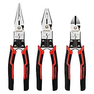 MAXPOWER 3Pcs Pliers Set, 5 in 1 Multifunctional Wire Stripper Crimper Cutter, Long Nose Pliers, Diagonal Side Cutting Pliers, Linesman Pliers 8 inch