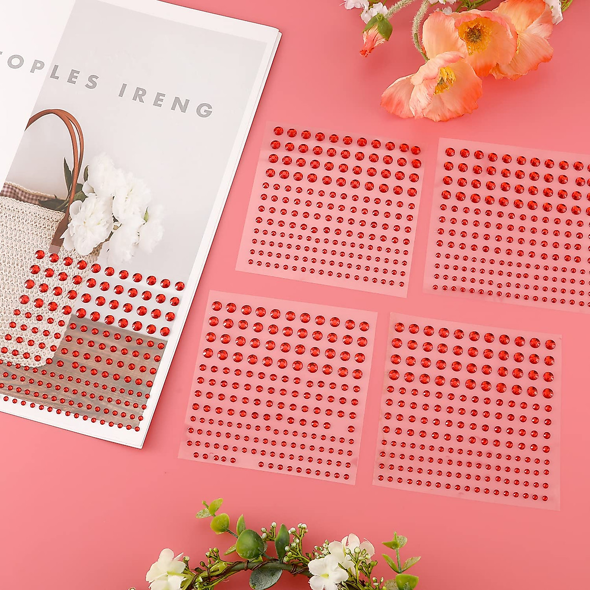 5 Sheets Face Gems Jewels Rhinestone Stickers, 4 Size Self Adhesive Gems Stickers DIY Bling Jewel Crystal Craft Stickers for Nails Hair Face Eyes Body (Red)