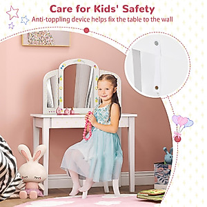 HONEY JOY Kids Vanity Set, Toddler Beauty Makeup Dressing Table w/Stool & Drawer, Tri-Fold Silver Mirror, Detachable Top, Pineapple Theme Wooden Princess Pretend Play Vanity Set for Little Girls