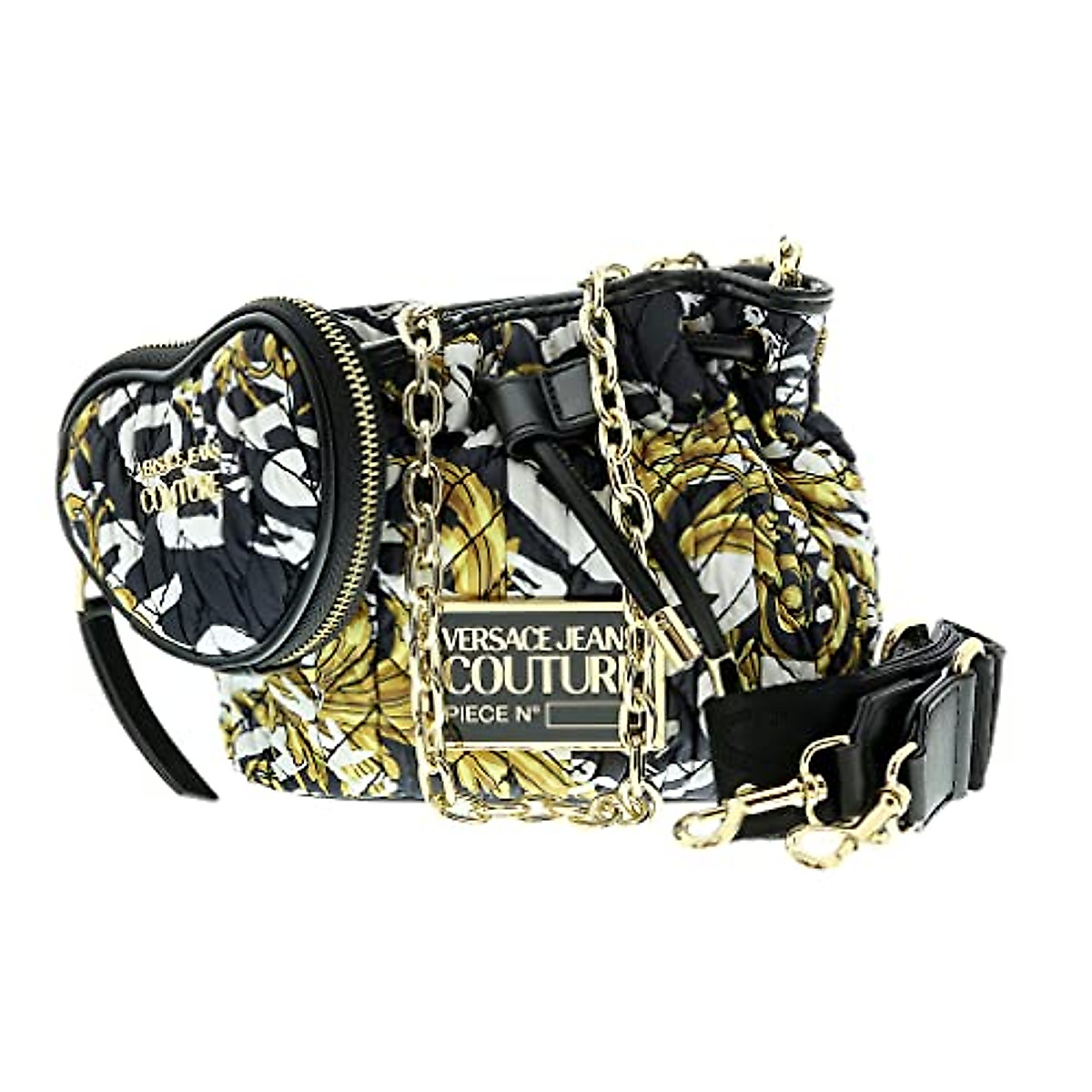 Versace Jeans Couture Black/Gold Heart Charm Purse Small Braid Bucket Crossbody Bag for womens