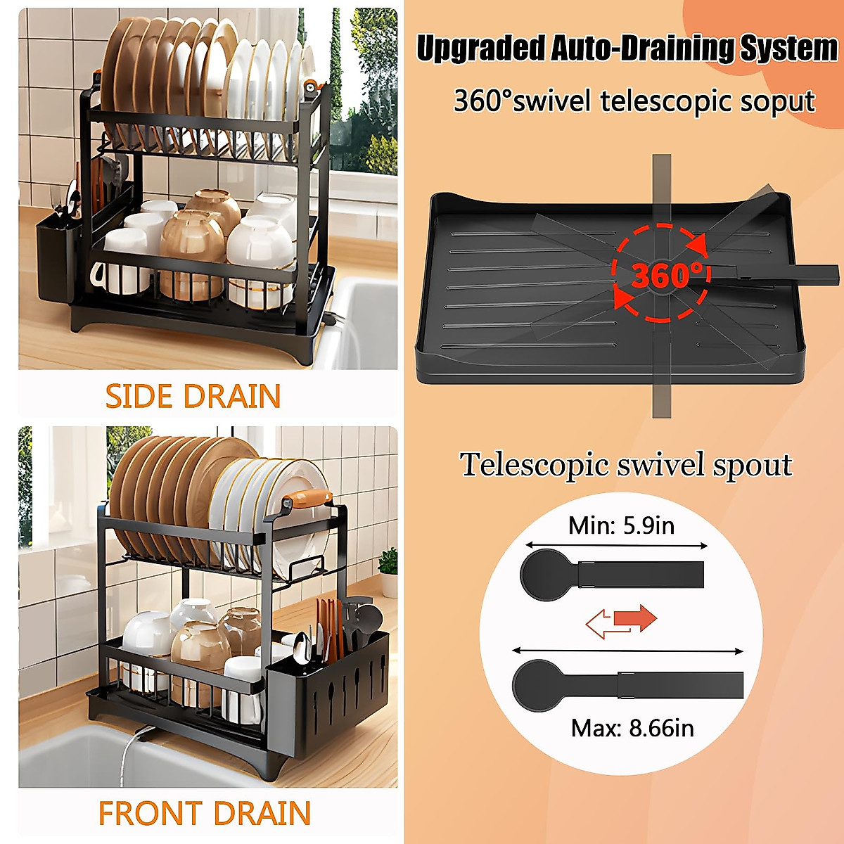 Santentre 2-Tier Dish Drying Rack with Removable Utensil Holder, Over Sink Dish Drying Rack for Space Saver, Dish Drainers for Kitchen Counter, Rust Resistant Stainless Steel Dish Rack, Black