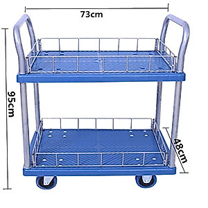 Teerwere Portable Folding Handcart Double-Layer Multi-Layer Mute Flat Trolley Trolley Pull Goods Four-Wheel Push Truck Small Cart Multi Function Folding Handcart (Color : Blue, Size : 48x73cm)