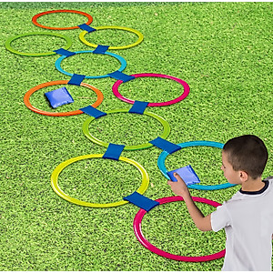 GOODLYSPORTS 2-In-1Hopscotch & Bean Bag Toss,Combine Hopscotch Rings with Bean Bag Toss Game, Bean Bag Toss Game for Kids,Hopscotch Outdoor Game,Agility Rings,Fun Playground Toys for Boys and Girls