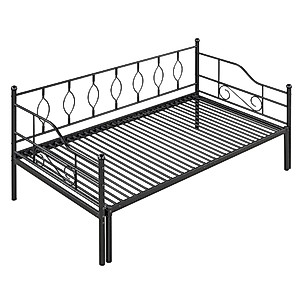 SOFTSEA Twin Size Daybed with Pop Up Trundle, Metal Daybed with Twin Size Trundle for Adults and Guests, Extendable Daybed Twin to King Size, Heavy Duty Slat Support, No Box Spring Needed (Black)
