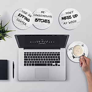 AODAYS Coasters for Drinks with Holder, White Marble-Style Absorbent Round Ceramic Drink Coaster, Bar Coaster with 6 Sayings, Set of 6 with Cork Base (Funny)