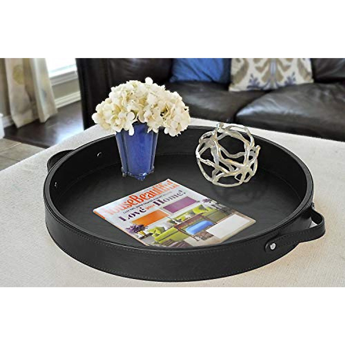 HofferRuffer PU Leather Round Tray, Serving Tray with Handles, Decorative Catchall Vanity Tray, Coffee Tray, Faux Leather Ottoman Tray for Home Or Office, Diameter 14.6-inch (Black)