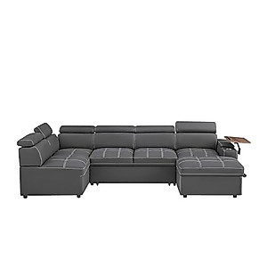 Microfiber Sectional Sleeper Sofa with Pull-Out Bed , 5 Seater Convertible L-Shaped Couch with Adjustable Headrest , Storage Armrest , Ottoman ,Cupholder ,360° Rotated Table ,USB Ports for Living Room