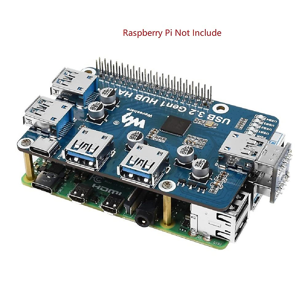 USB 3.2 Gen 1 HUB HAT for Raspberry Pi,4X USB 3.2 Gen1 Ports,4X USB 3.2 Gen1 Ports,Compatible with USB 3.0 / 2.0 /1.1,Driver-Free