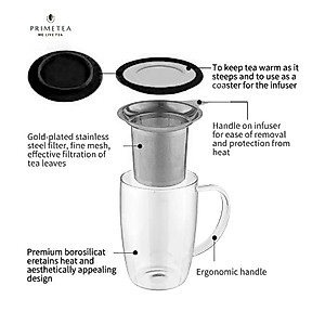 Prime Tea - Glass Teacup with Tea Infuser, 16oz / 470 ml, Hand Blown, Single Wall, Heat Resistance Borosilicate Glass Teacups for Blooming Tea & Loose Leaf Tea, Microwave & Dishwasher Safe (Black)