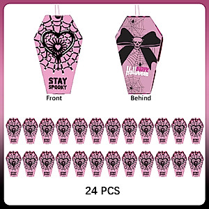 HOMEZZO 24 Pcs Pink Spider Web Coffin Boxes, Spooky Goth Black Conquette Halloween Coffin Paper Candy Treat Gift Boxes for Halloween Party Decorations