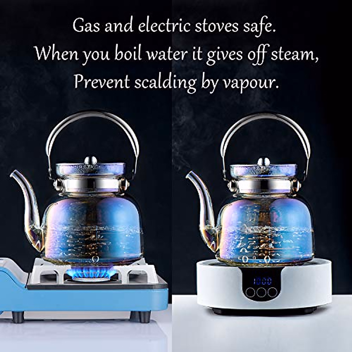 E-liu 50 oz(1500ml) Glass Teapot Kettle with Lid, Removable Stainless Steel Infuser and Handle, Stovetop Safe Tea Maker for Blooming and Loose Leaf Tea（Iridescent）