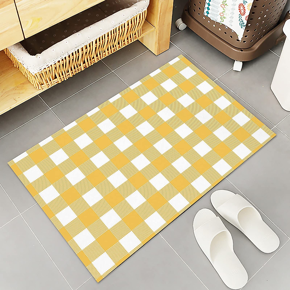 Kitchen Runner Rug, Country Style Yellow and White Buffalo Check Plaid Checkered Non Slip Runner Carpet Door Mats Floor Mat for Bedroom Bedside Laundry Bathroom Set of 2