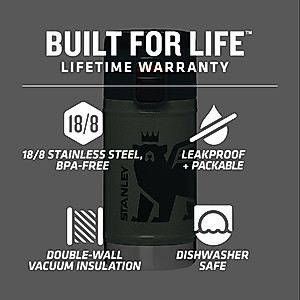 Stanley FlowSteady Bear Cub Bottle, 12oz, Stainless Steel Insulated Water Bottle for Kids (8 and Above) with 3 Interchangeable Metal Badges, Hammertone Green