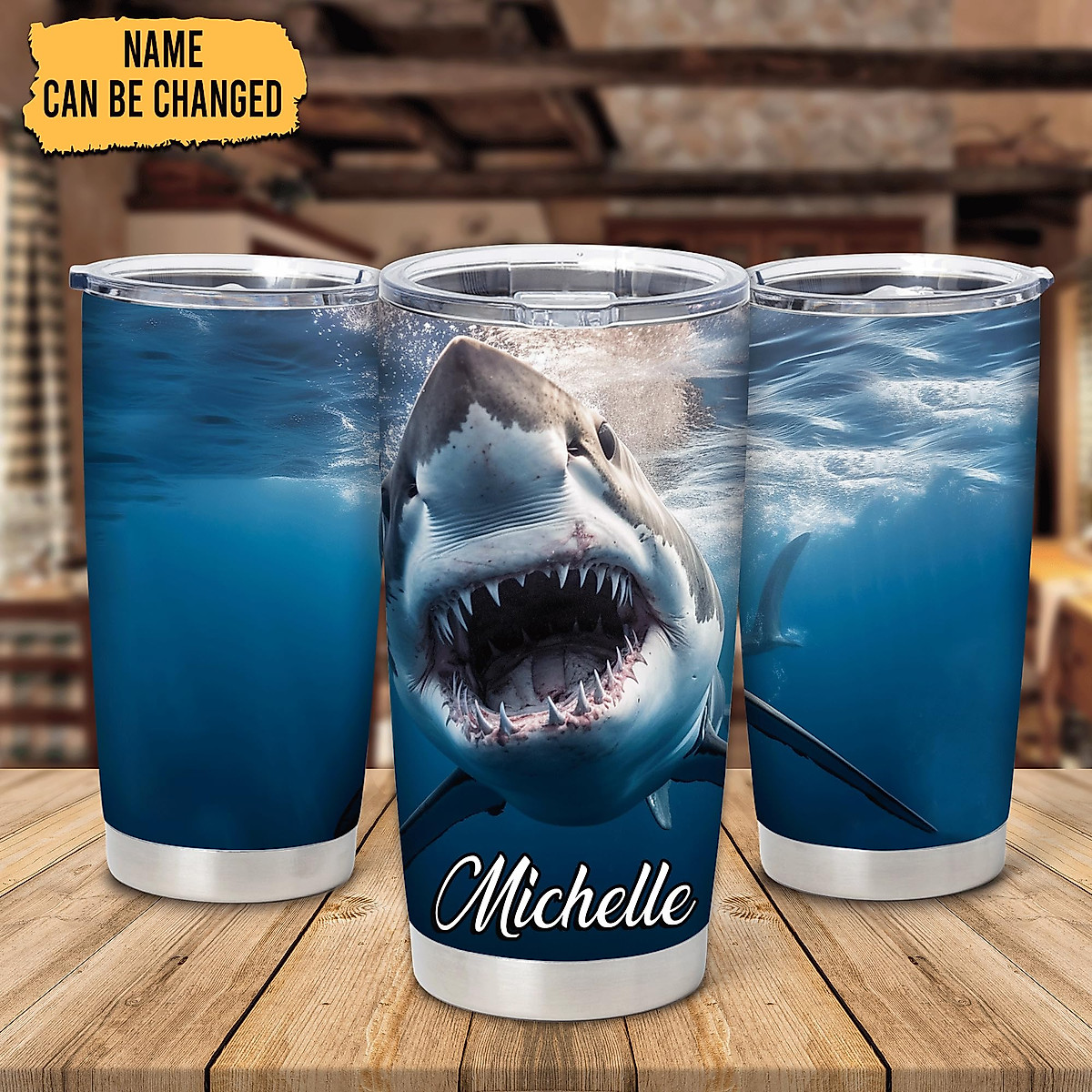 Hyturtle Personalized Gifts Shark Lover - Shark Printed Customized Name Stainless Steel Tumbler 20 oz With Lid - Idea Cute Sea Animal Lover Gifts For Women, Girl, Kids On Birthday, Christmas