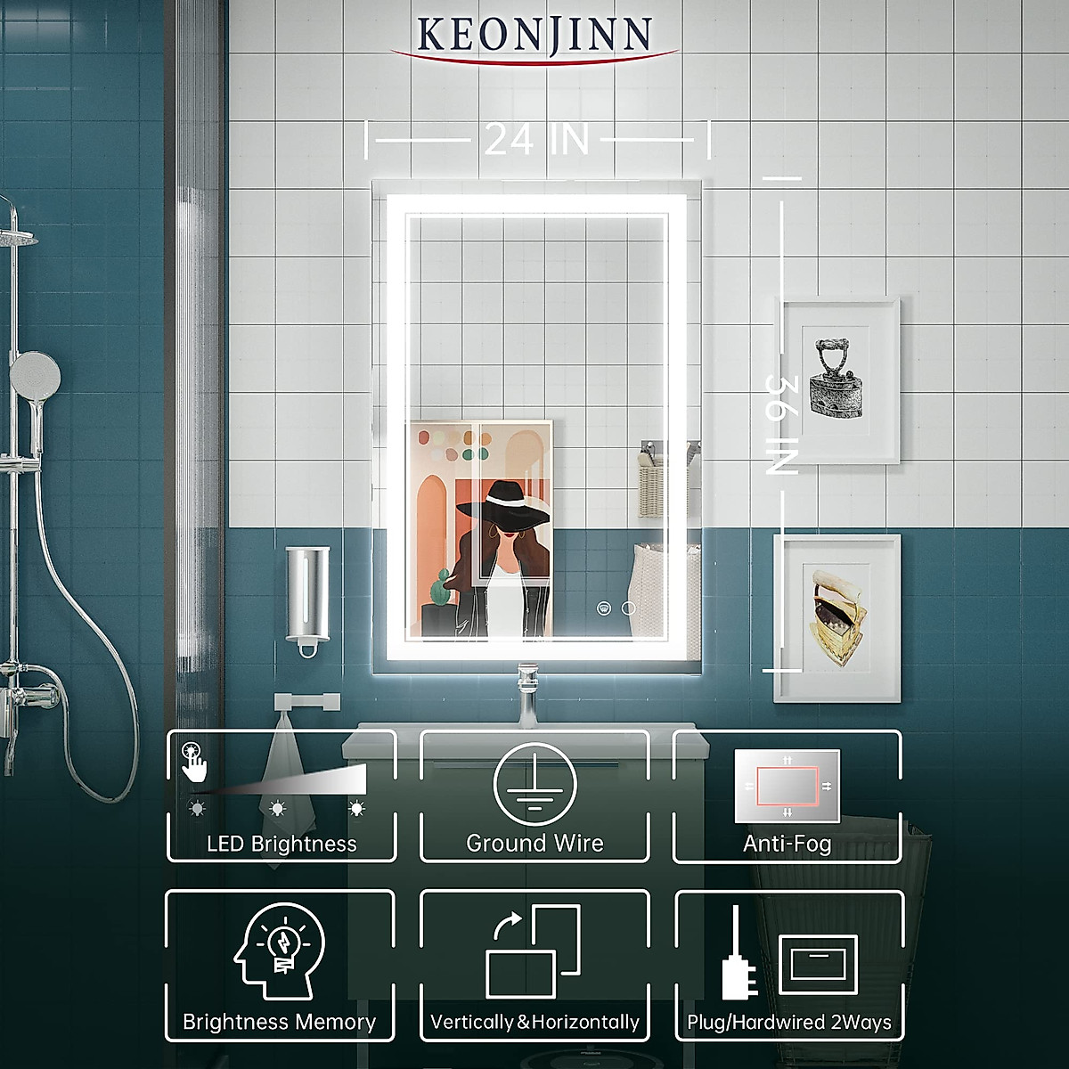 Keonjinn LED Mirror for Bathroom, 36 x 24 Inch, Wall Mounted, Dimmable, Anti-Fog, IP54 Waterproof, 3 Year Warranty
