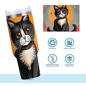 Cat Cartoon Tumbler with Handle and Straw 30-40 Lid Cup Holder Compatible for Travel Insulated Stainless Steel Cup Food Grade PP Gifts for Him Her BPA-free