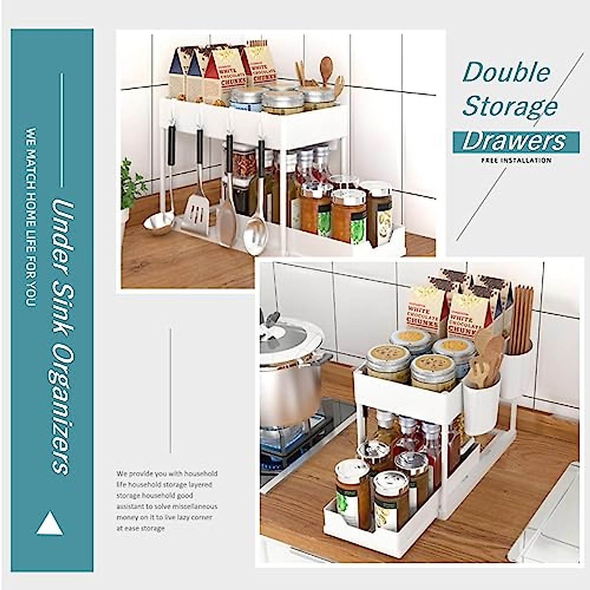 Hoffnugshween Under Sink Organizers and Storage, Slide out Drawer Kitchen Bathroom Under Sink Storage Rack, Bathroom Cabinet Organizer Shelf Baskets 2 Tier Large Capacity (1 Pack) (White)