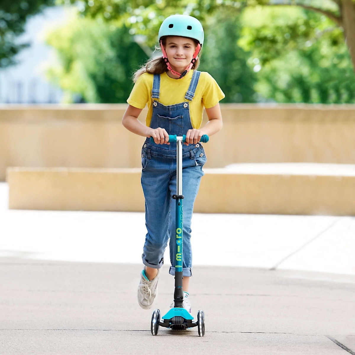 Micro Kickboard - Maxi Deluxe Foldable LED - Three Wheeled, Lean-to-Steer, Fold-to-Carry Swiss-Designed Micro Scooter for Kids with Motion-Activated Light-Up Wheels for Ages 5-12 (Petrol Green)