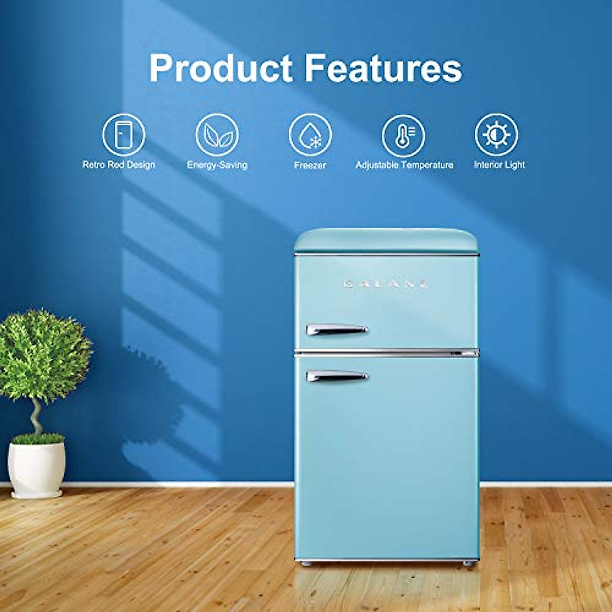 Galanz GLR31TBEER Retro Compact Refrigerator, Mini Fridge with Dual Doors, 3.1 Cu FT, Blue & GLCMKZ11BER10 Retro Countertop Microwave Oven with Auto Cook & Reheat, Defrost, 1.1 cu ft, Blue