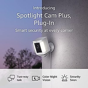 Introducing Ring Spotlight Cam Plus, Plug-in | Two-Way Talk, Color Night Vision, and Security Siren (2022 release) - White