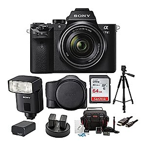 Sony Alpha a7II Mirrorless Digital Camera Bundle with 28-70mm Lens, External Flash, Cases, Tripod, Camera Bag, 64GB SD Card, Battery and Dual Charger, Lithium Ion Battery and HDMI Cable (9 items)