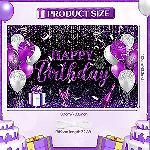 Black Purple and Silver Birthday Decoration Banner, Large Happy Birthday Banner for Girls Women Men Purple and Black Birthday Theme Party Backdrop for Birthday Background, 71x 43.3 Inches