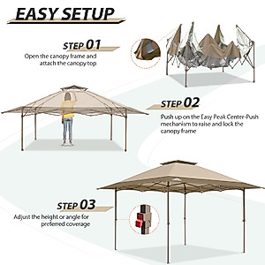 EAGLE PEAK 13x13 Straight Leg Pop Up Canopy Tent Instant Outdoor Canopy Easy Single Person Set-up Folding Shelter w/Auto Extending Eaves 169 Square Feet of Shade (Beige)