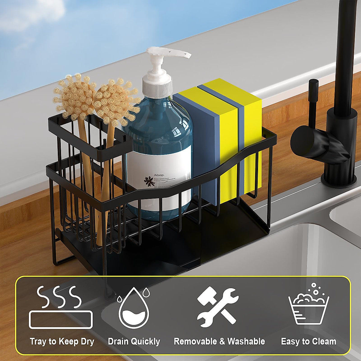 Fssvcd Maifan Sink Caddy Sponge Holder for Kitchen Sink with Brush Holder and Stainless Steel Self Drain Tray, Rustproof Kitchen Sink Organizer for Sponge, Soap Dispenser Storage Kitchen Accessories