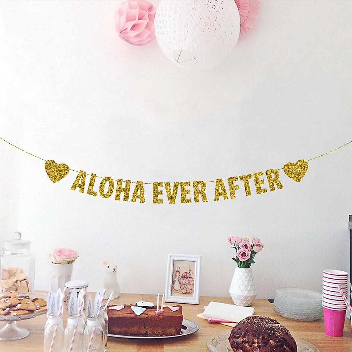 Aloha Ever after Banner, Hawaiian Themed Party Banners for Wedding/Engagement/Bridal Shower, Rustic Party Decorations, Gold Glitter