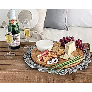 Arthur Court Sand-Cast Aluminum Pizza or Cheese Server with Wood Board; Olive Pattern Metal Holder 16 inch Diameter