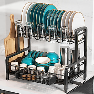 romision 2 Tier Dish Drying Rack, Large Dish Racks and Drainboard Set with Utensil Holder, Dish Drainer for Kitchen Counter, Black