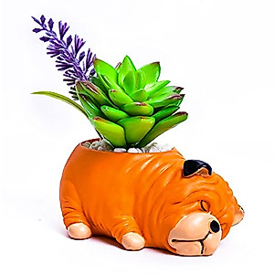 Cute Shar Pei Sleeping Pet Flower Pot with Drainer Garden Flower Pot Resin Succulent Potted Bonsai Plant Stand Home Desk Mini Decoration Balcony Gardening Flower Pot Does Not Contain Plants