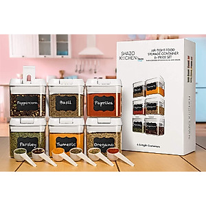 Shazo 6 PC Airtight Food Storage Containers + 6 Spoons - BPA Free Clear Plastic Snack & Spice Containers with Easy Lock Lids - Kitchen and Pantry Organization for Herbs, Coffee, Tea - 0.5L / 2.1 Cups