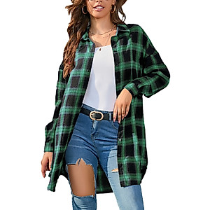 Zontroldy Womens Button Down Flannel Plaid Shirts Mid Long Casual Boyfriend Buffalo Pockets Shirt Jacket Shacket Coat(0909-Green-XL)